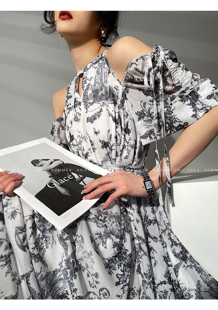 Aconiconi｜Calligraphy Art Print Halter Neck Off Shoulder Long Dress ...