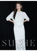 SUSHE Spring Flower Simple Straight pencil White Knit Slit Skirt - ueb ...