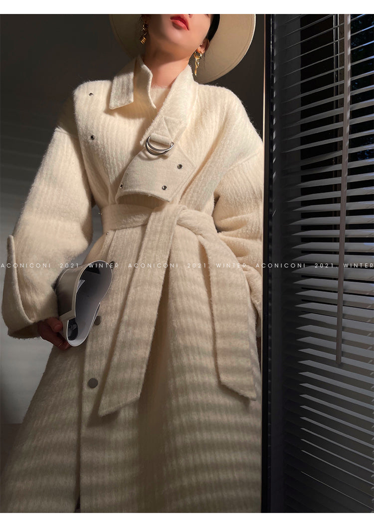 Aconiconi | Double-sided Feminine White Mid-Length wool Coat - Fuji ...